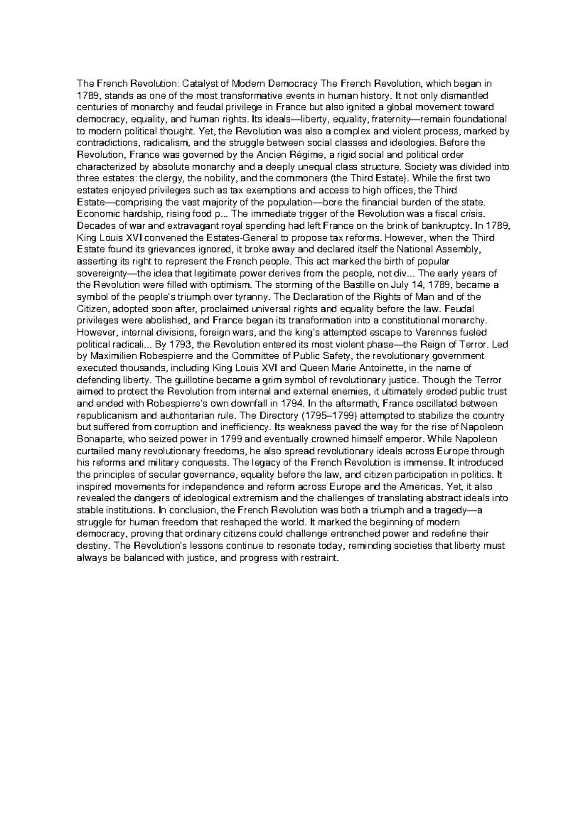 French Revolution Essay: Catalyst for Modern Democracy - Studocu