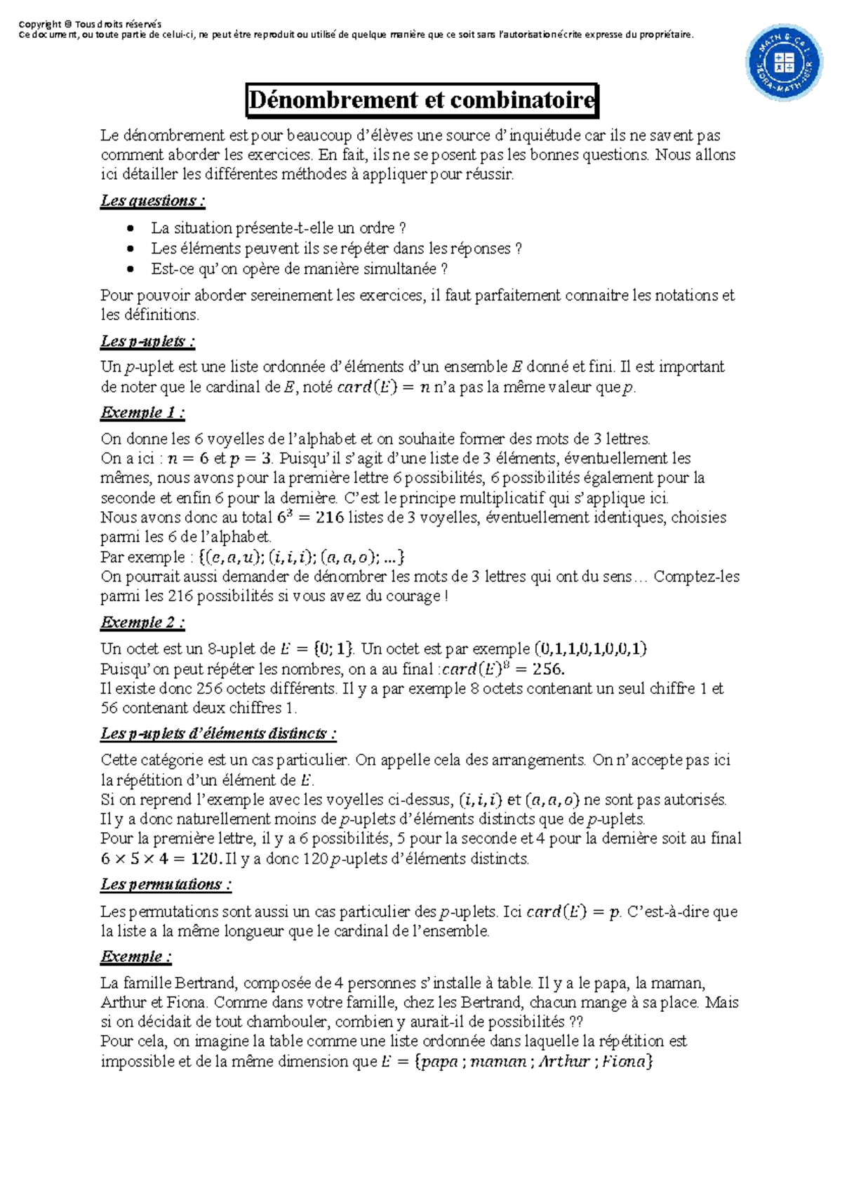 Dénombrement et Combinatoire : Méthodes et Exemples Pratiques - Studocu