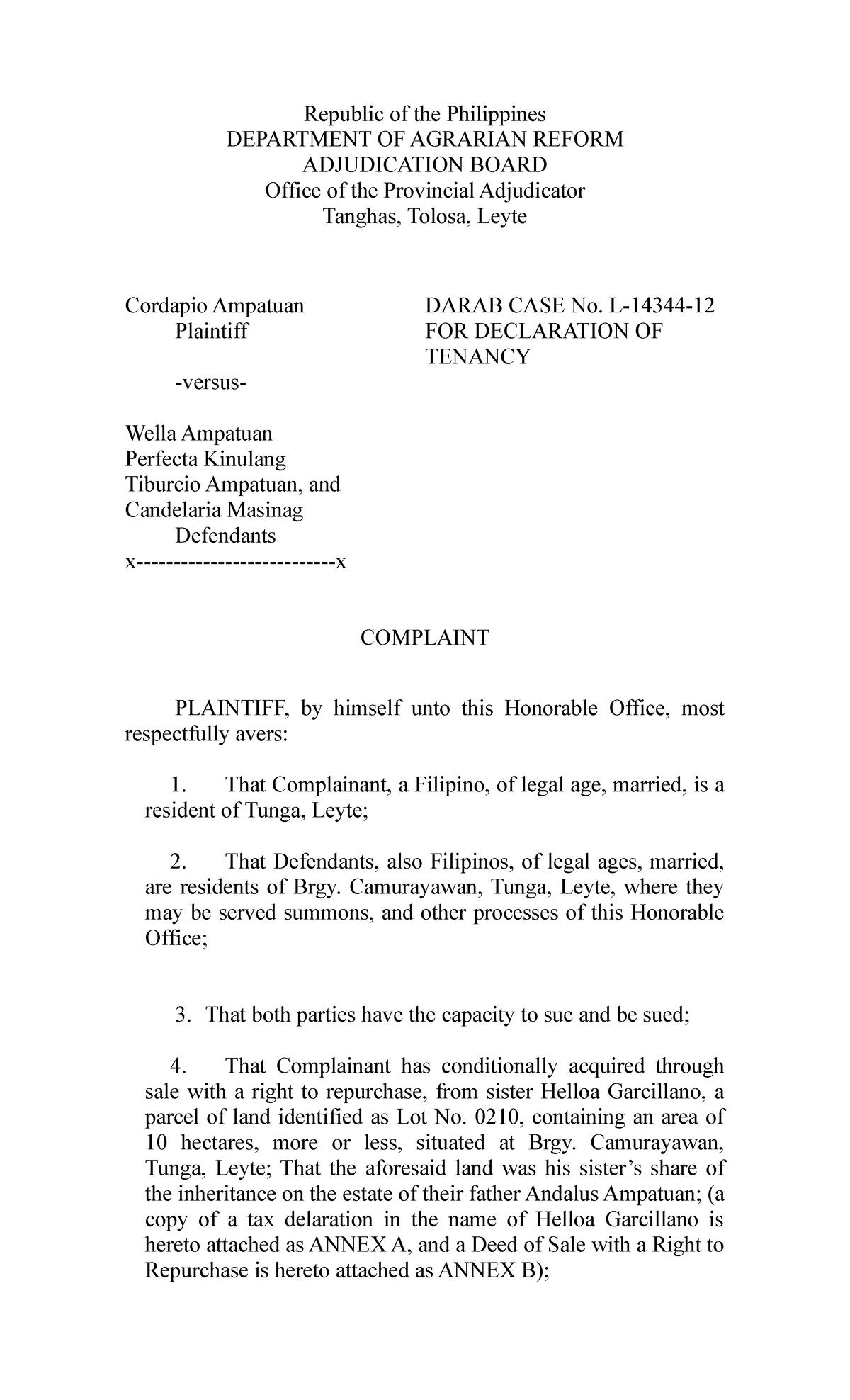 DARAB Case No. L-14344: Sample Complaint for Declaration of Tenancy - Studocu