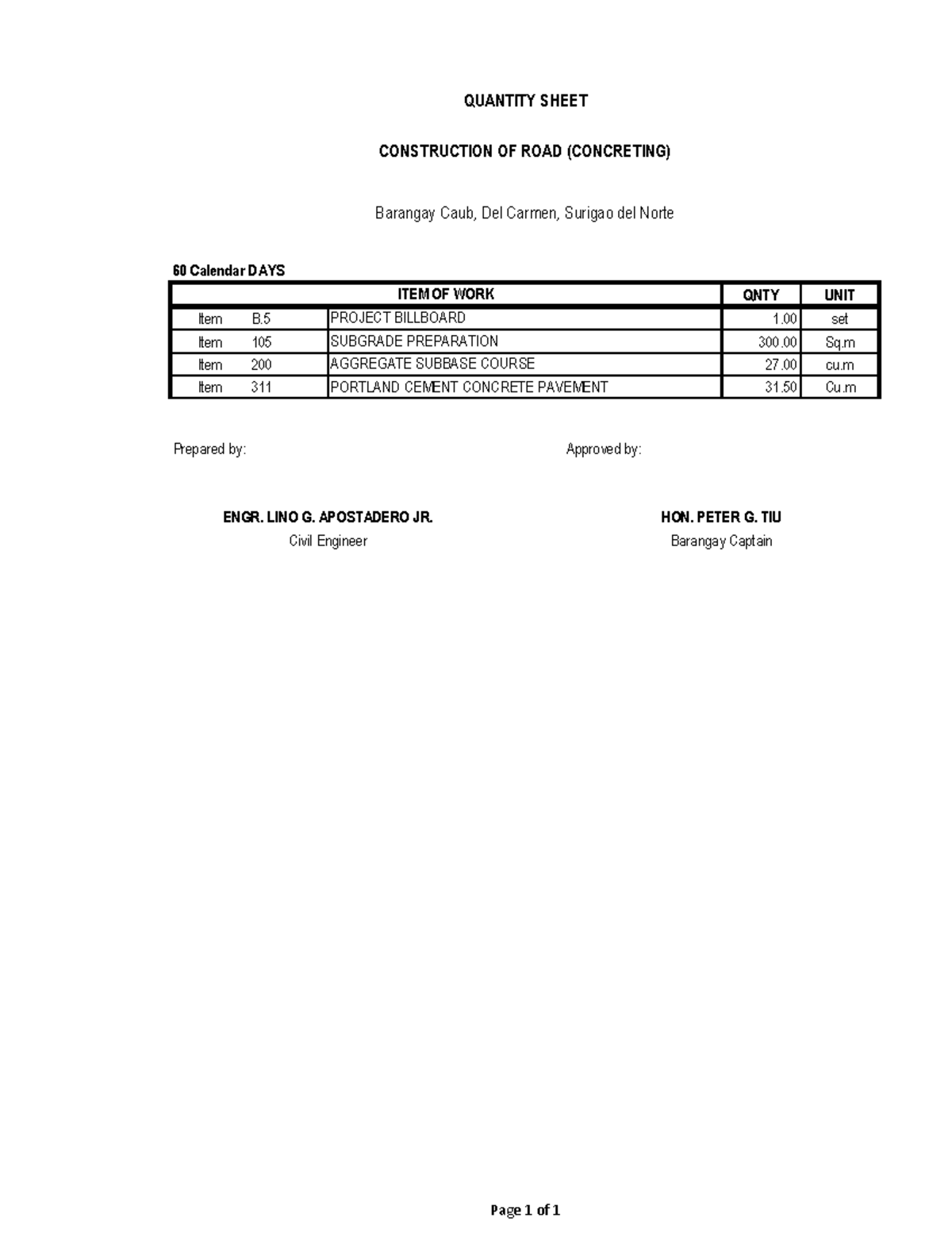 BOQ - Bill of Quantities - Civil Engineering - QNTY UNIT Item B 1 set Item 105 300 Sq Item 200 ...