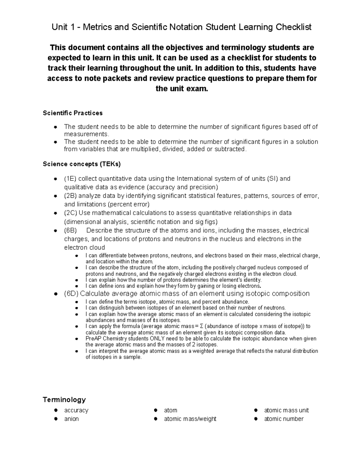 Unit 1 - Metrics & Scientific Notation Learning Checklist (PreAP Chem ...