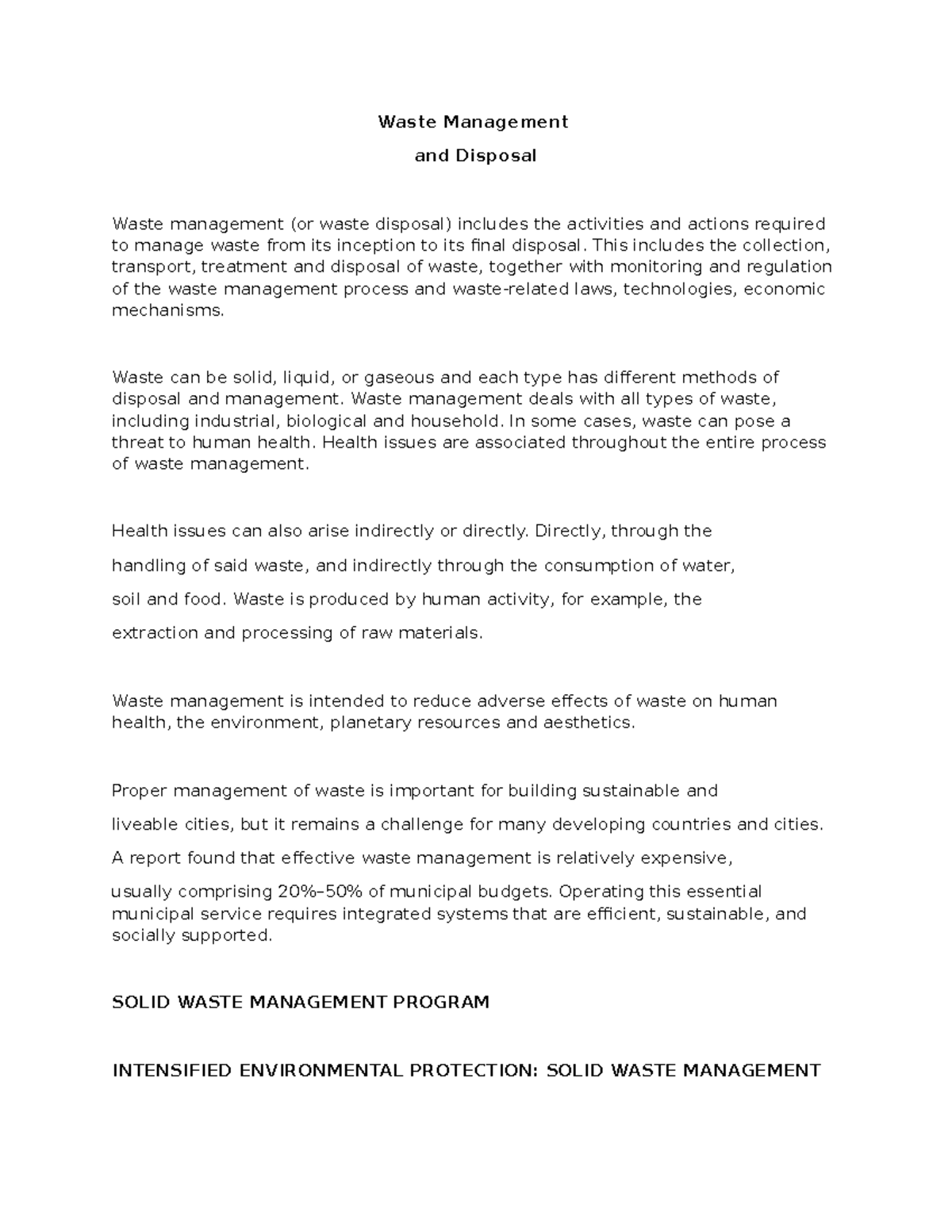 Waste management and disposal - Waste Management and Disposal Waste ...