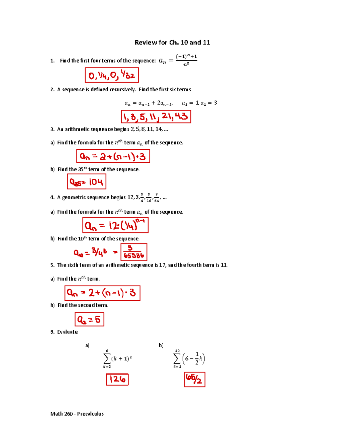 Math 260 - Precalculus: Review for Chapters 10 and 11 Solutions - Studocu