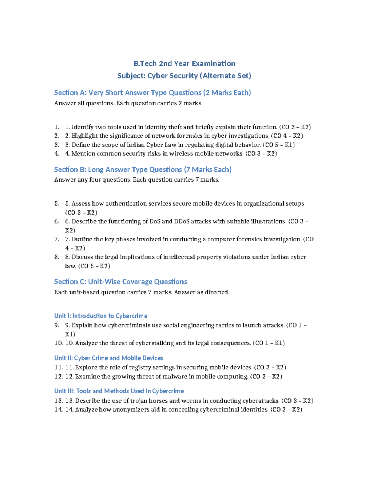 B.Tech 2nd Year Cyber Security Exam Questions (Alternate Set) - Studocu