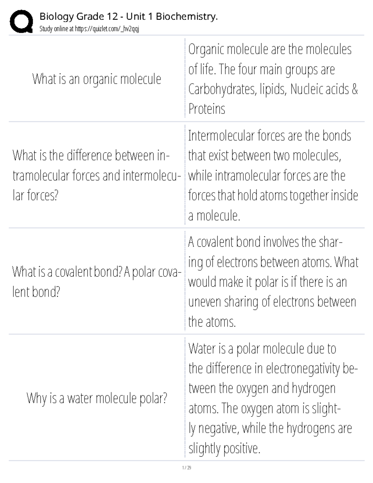 Biology Grade 12 Unit 1: Comprehensive Biochemistry Study Guide - Studocu