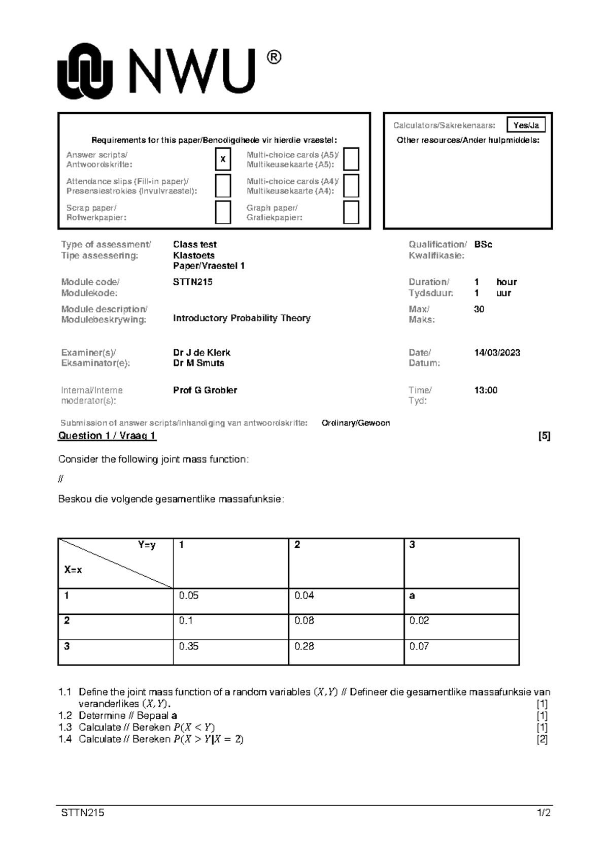 STTN215 Class Test: Introductory Probability Theory Requirements - Studocu