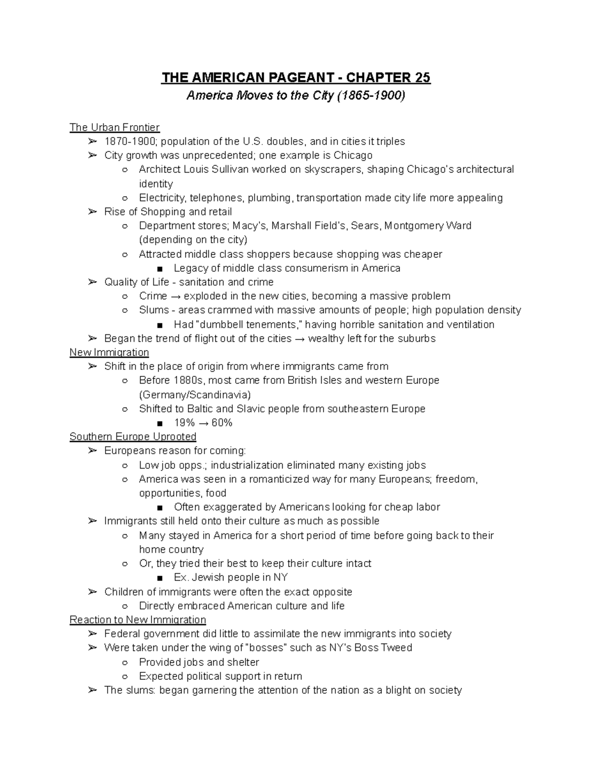 APUSH Chapter 25 Notes: Urbanization and Immigration in America - Studocu