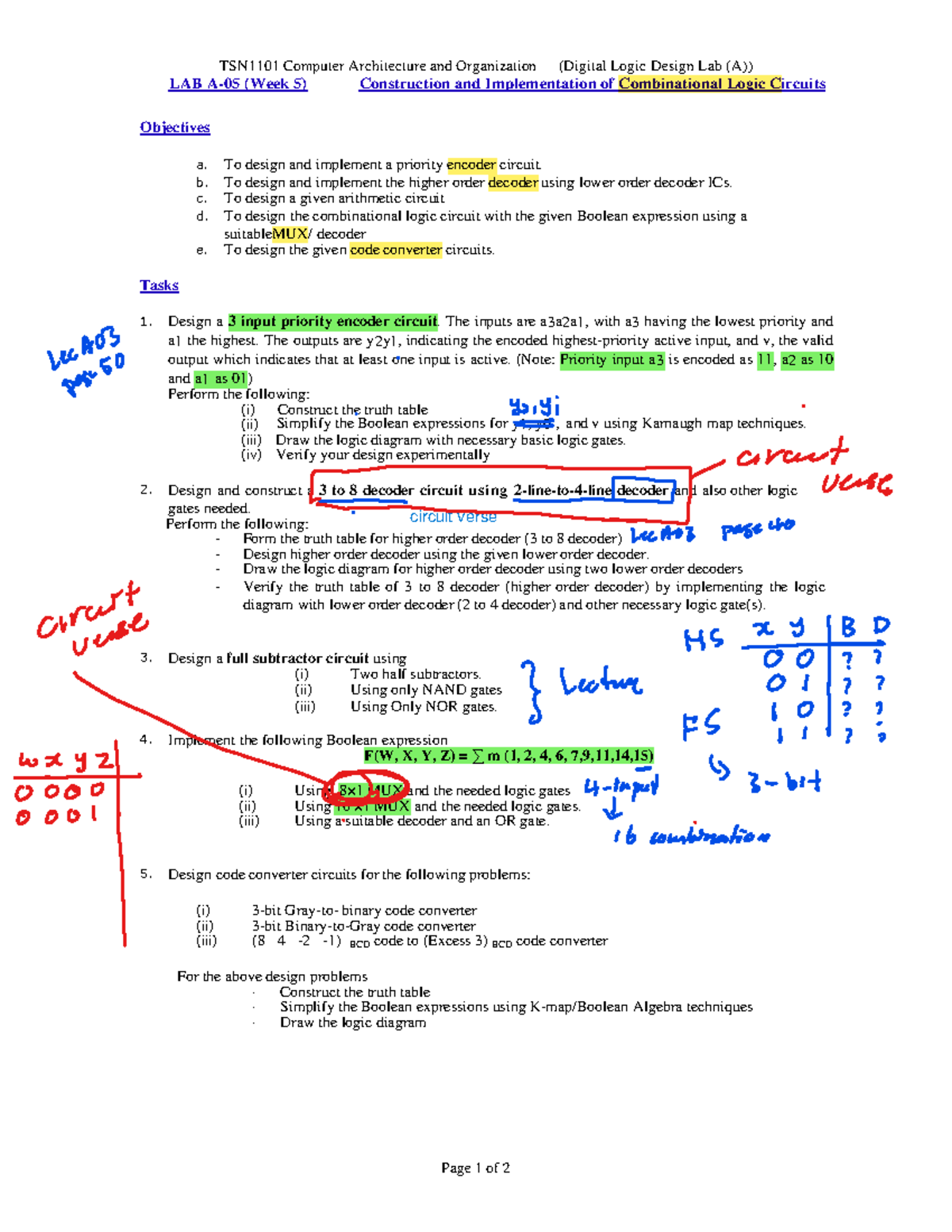 TSN1101 Digital Logic Design Lab (A) Week 5: Combinational Logic Circuits - Studocu