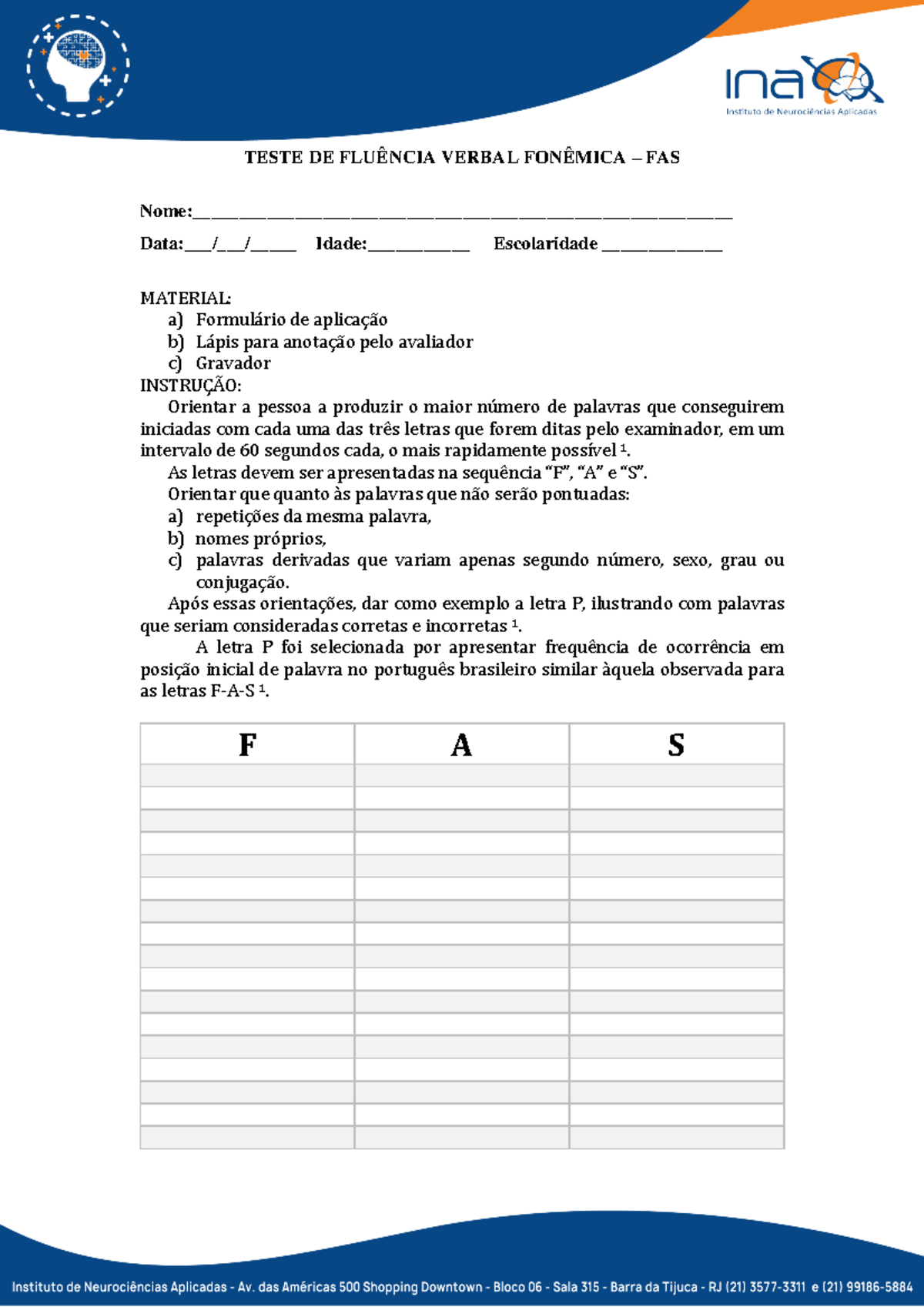 FAS - Teste de Fluência Verbal Fonêmica para Adultos e Idosos - Studocu