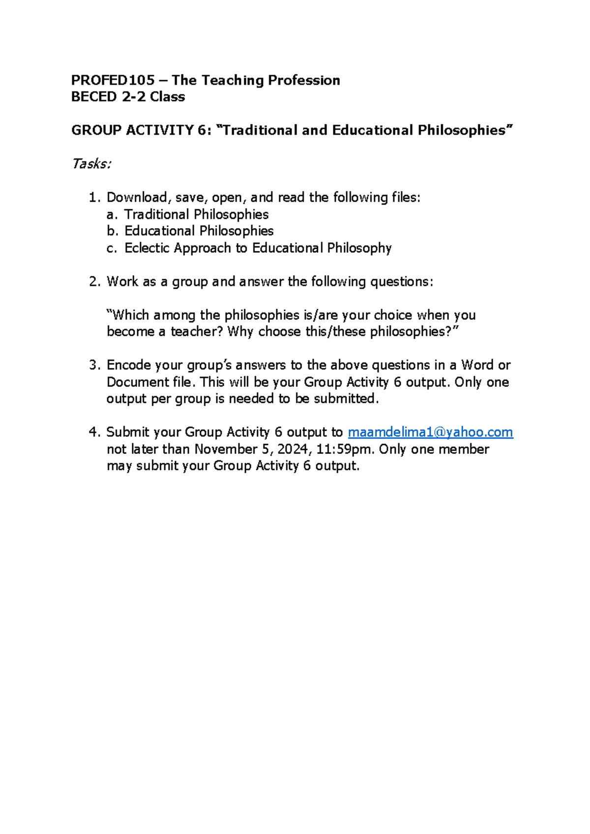Group Activity 6 ( Beced 2-2 Class) - PROFED105 – The Teaching ...