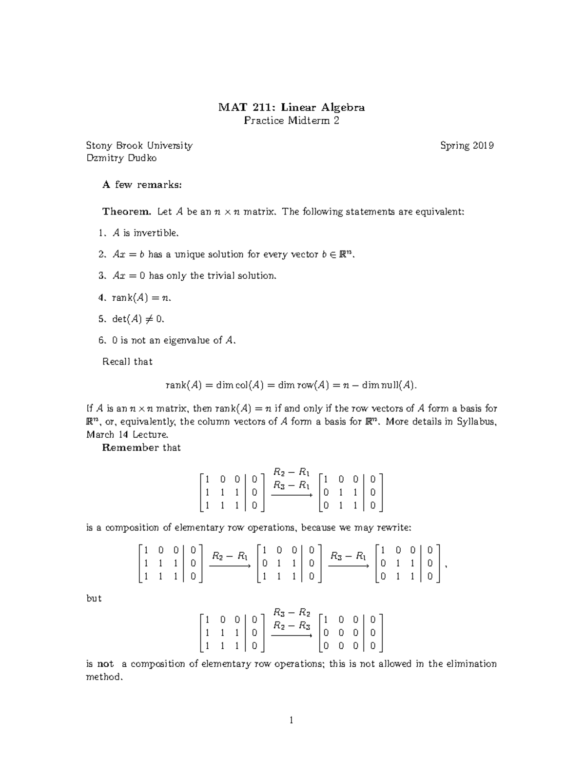 MAT 211: Linear Algebra Midterm 2 Practice Solutions - Spring 2019 ...