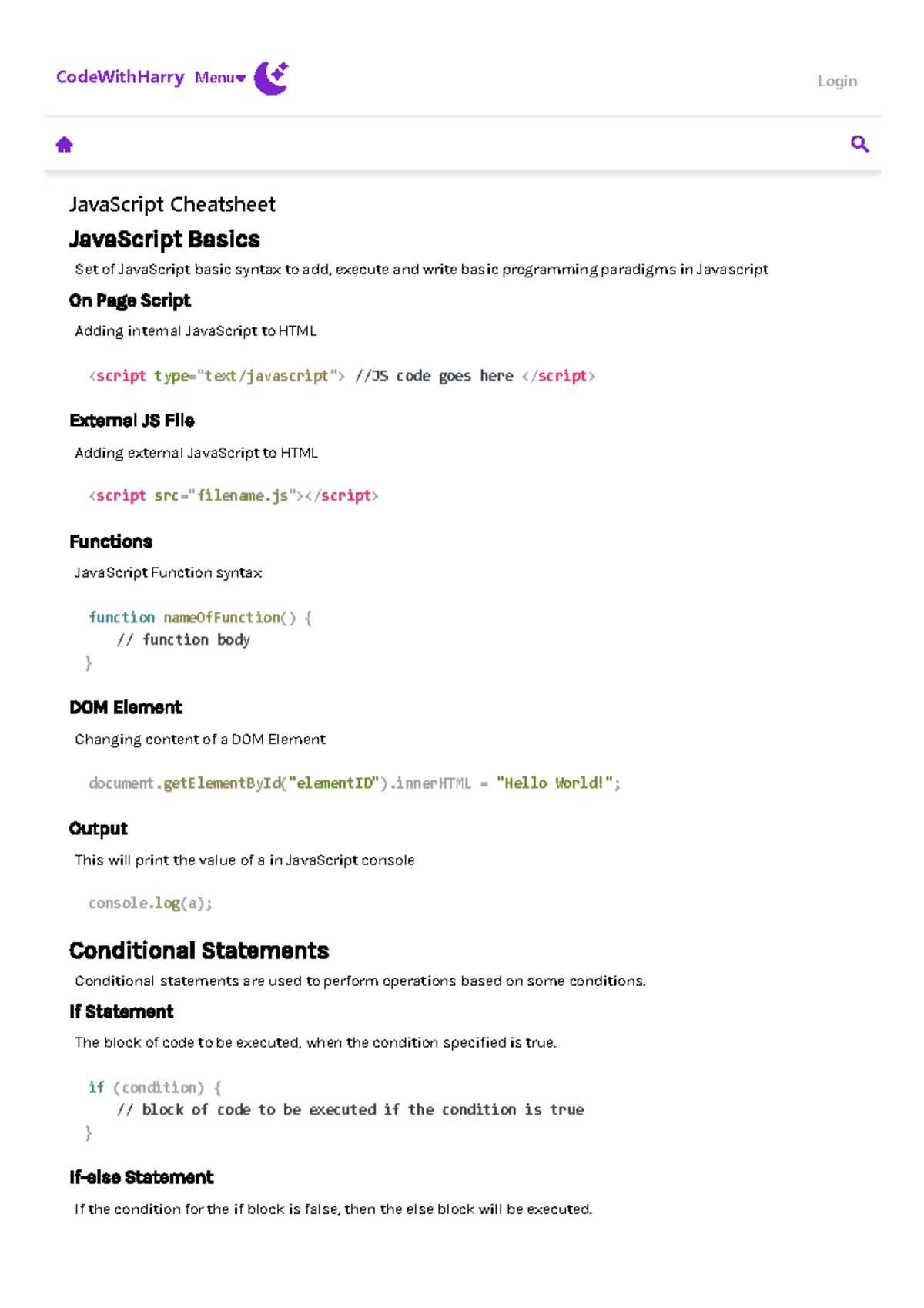 Java Script Cheatsheet Code With Harry - JavaScript Cheatsheet JavaScript Basics Set of ...