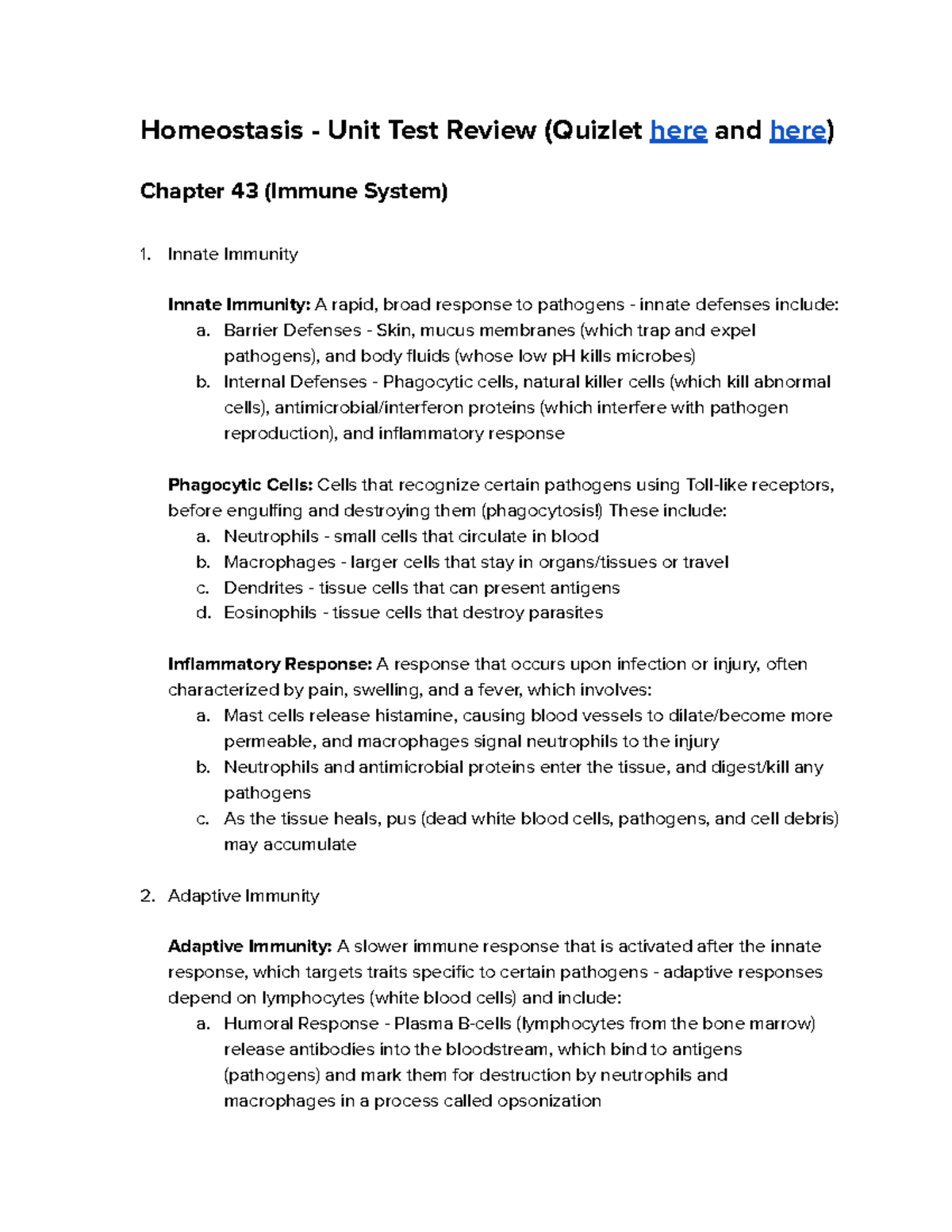 SBI4U/AP Biology Homeostasis Chapter 43-48 Test Review Guide - Studocu