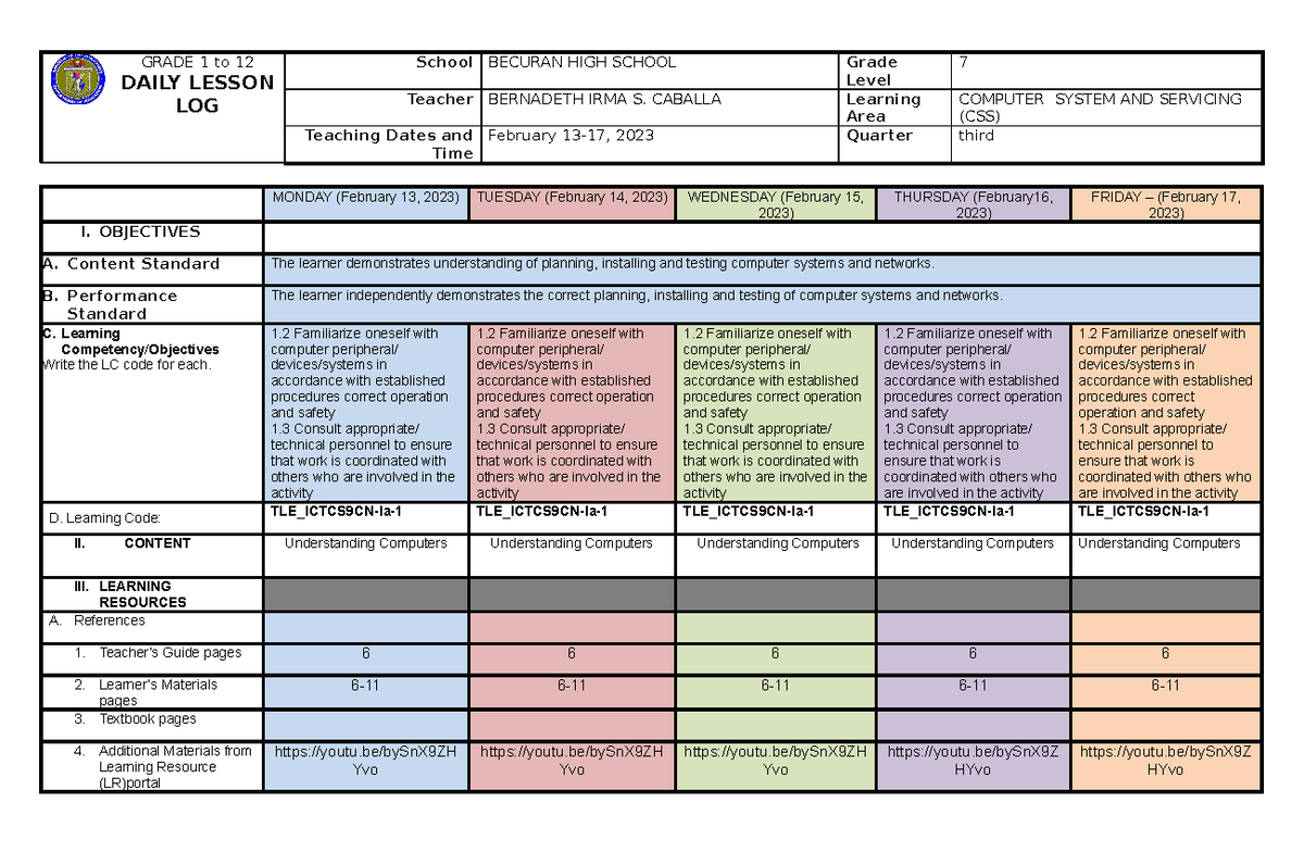 DLL CSS 7 Q3 Week 1 - Daily Lesson Log for Computer Systems - Studocu