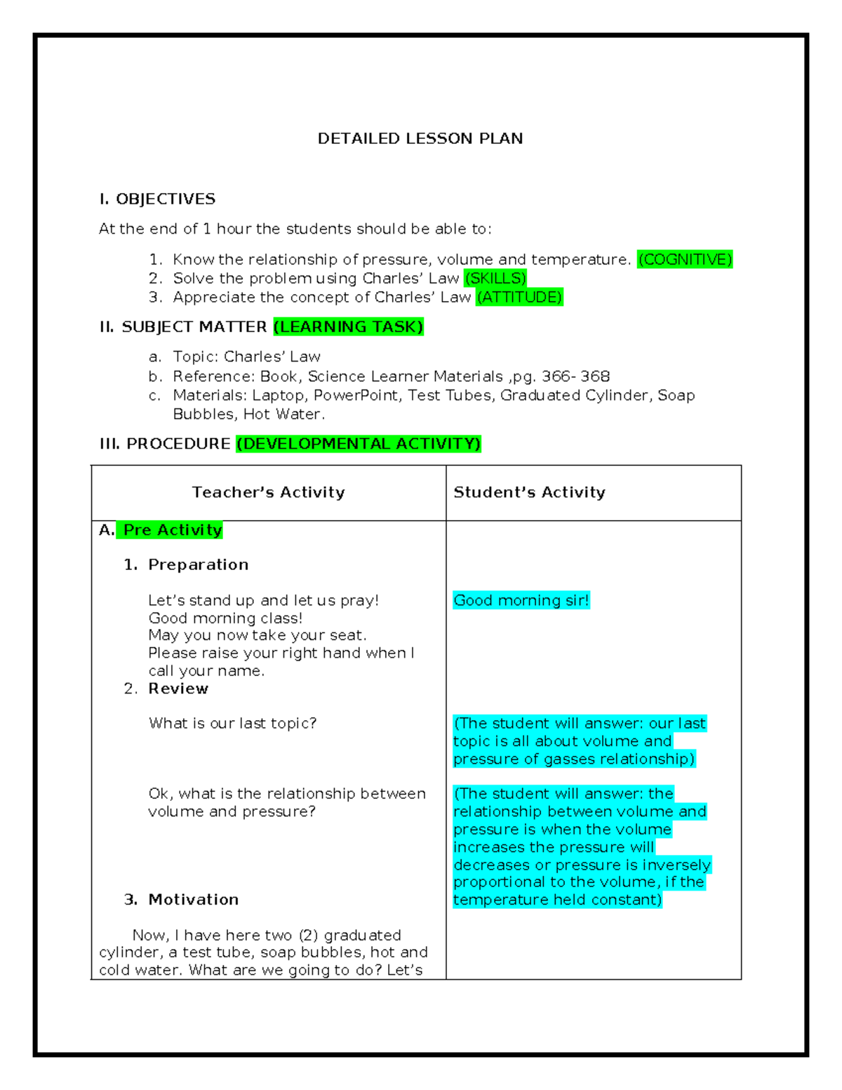 DLP: Detailed Lesson Plan on Charles' Law and Its Applications - Studocu
