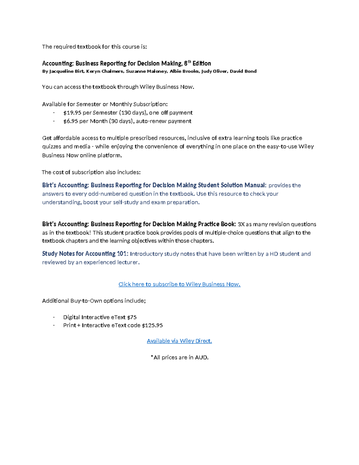 BIRT 8E: Textbook Purchase Options & Wiley Business Now Overview - Studocu