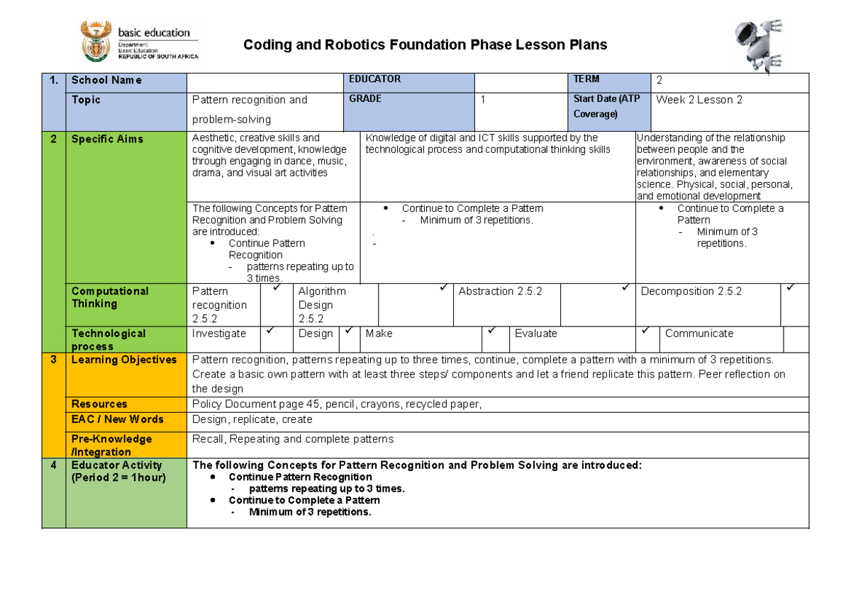 Grade 1 Term 2 Week 2 Lesson Plans: Pattern Recognition & Problem ...