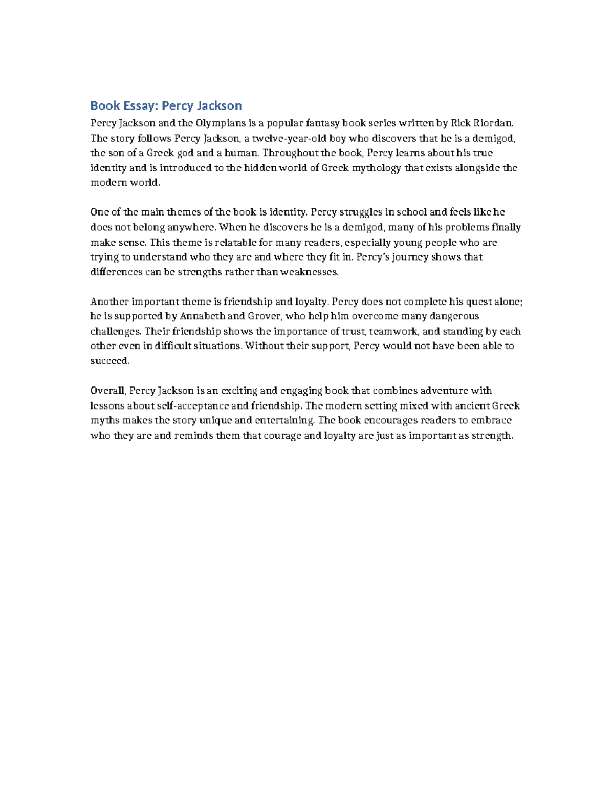 Percy Jackson Book Essay: Themes of Identity & Friendship - Studeersnel