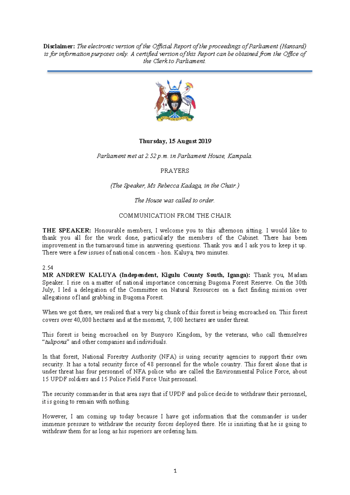 Official Report of Parliament Proceedings - August 15, 2019 - Studocu