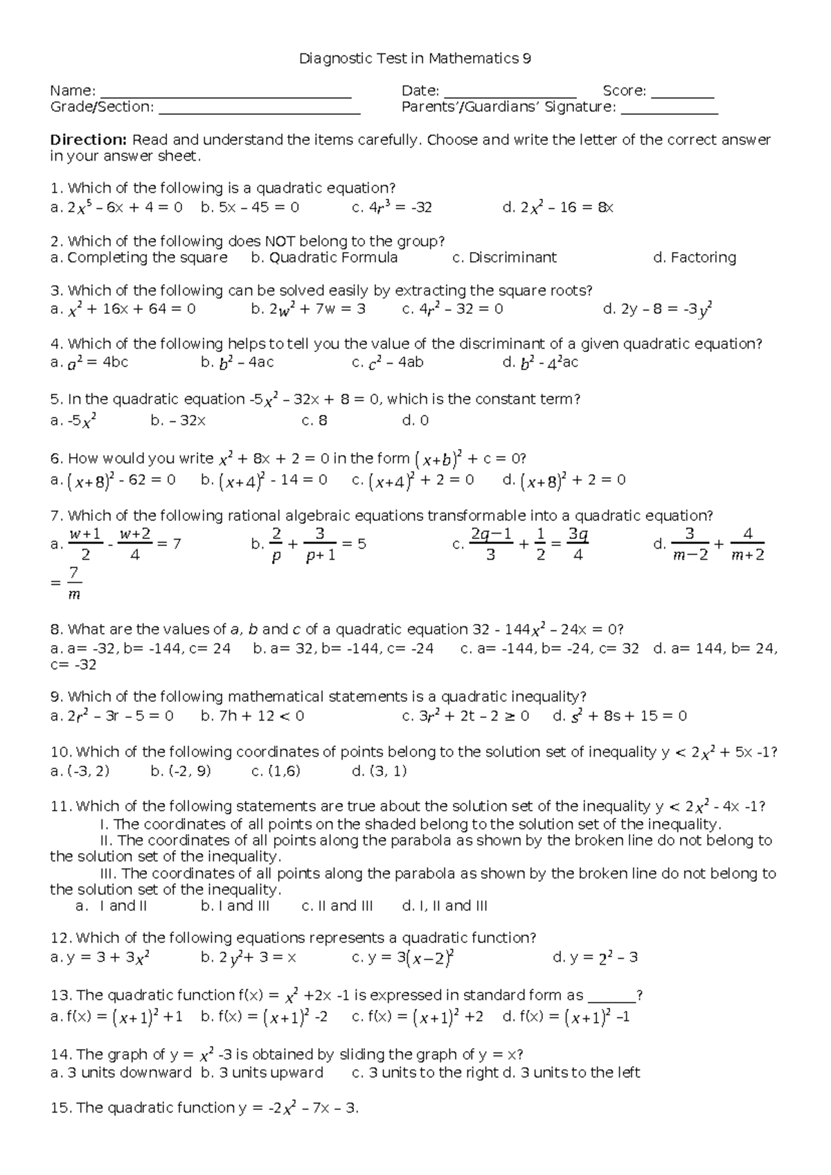 Mathematics 9 Diagnostic Test Guide for Exam Preparation 498163841 ...