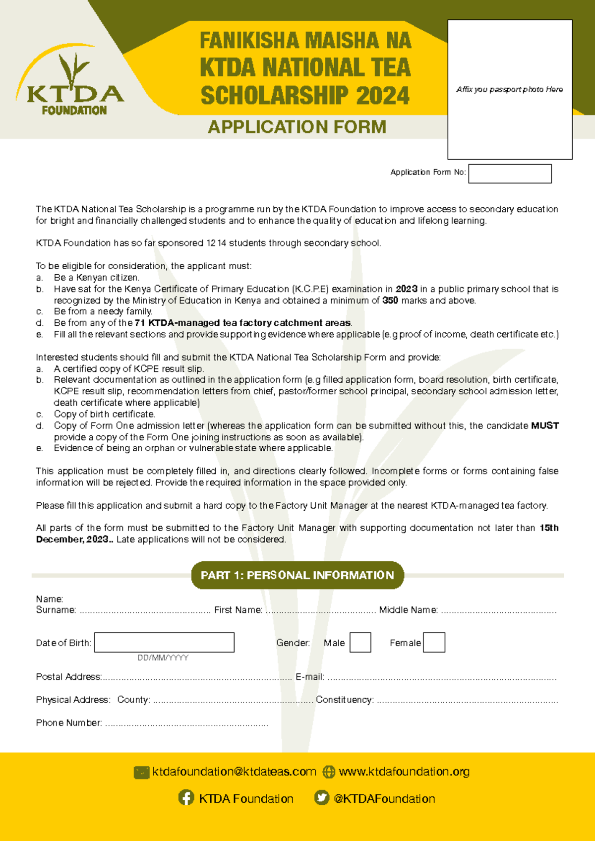 KTDA National Tea Scholarship Application Form 2024 Guide - Studocu