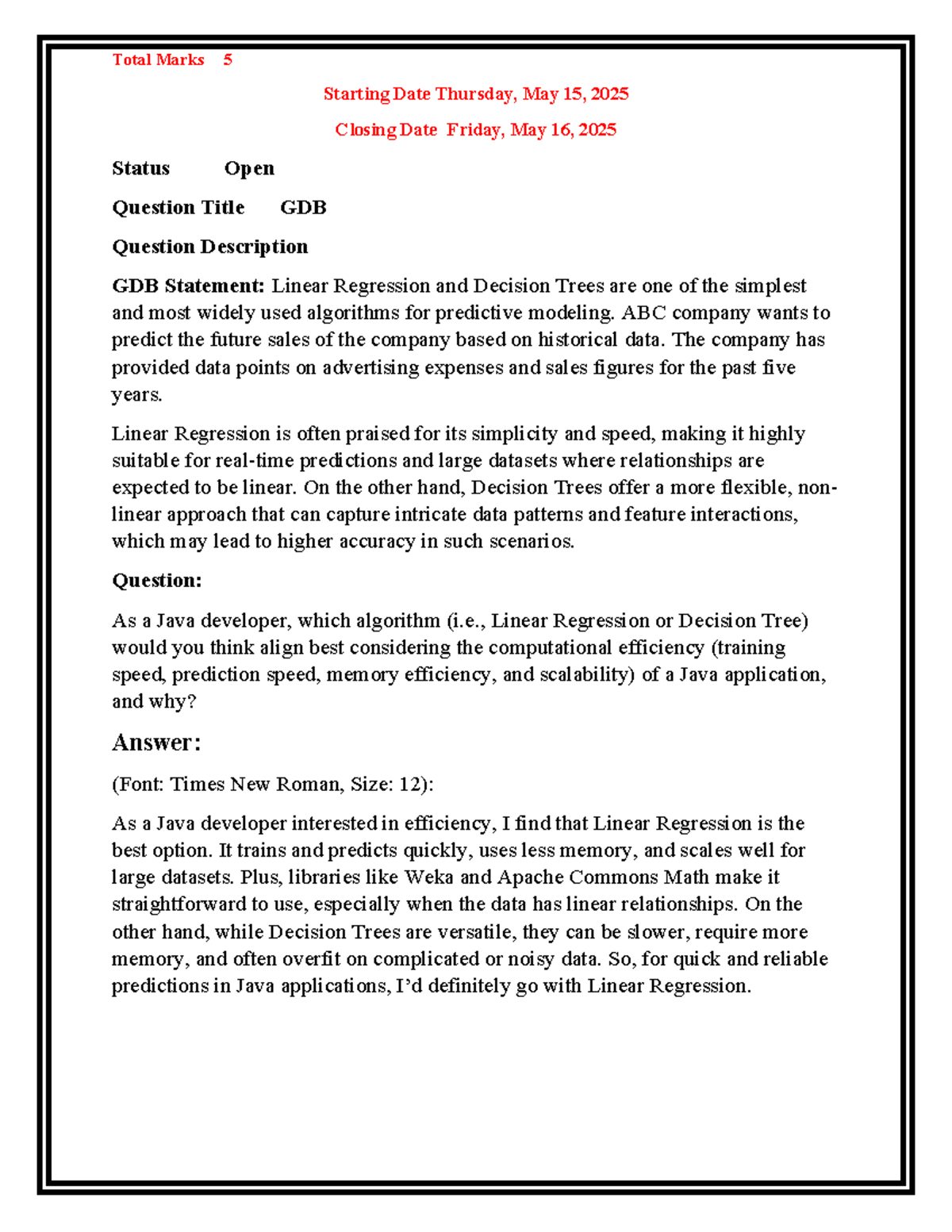 CS506 - Web Design and Development GDB: Linear Regression vs Decision Trees - Studocu