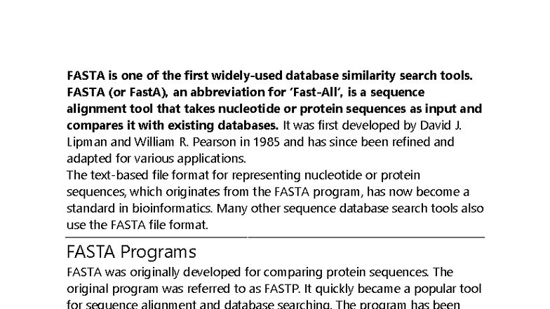 FASTA Database Similarity Search: Overview and Alignment Steps - Studocu