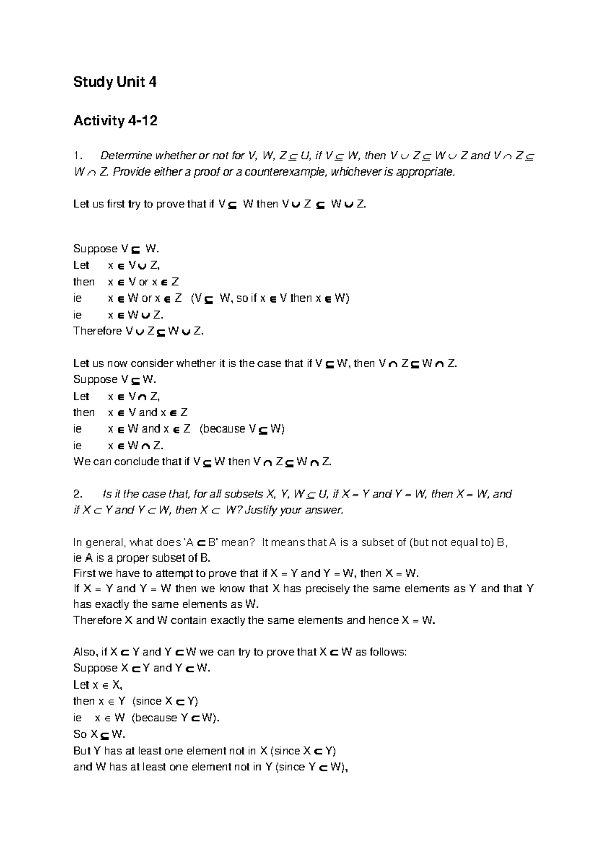 Study Unit 4 Activity 4-12: Proofs and Set Theory Concepts - Studocu