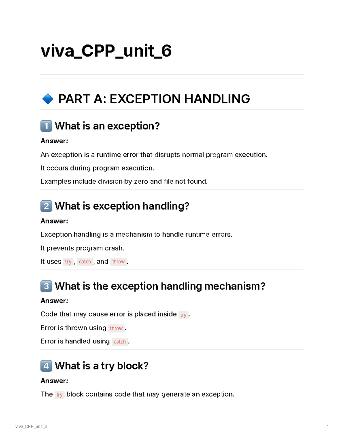 Viva CPP Unit 6 - Exception Handling and STL Overview - Studocu
