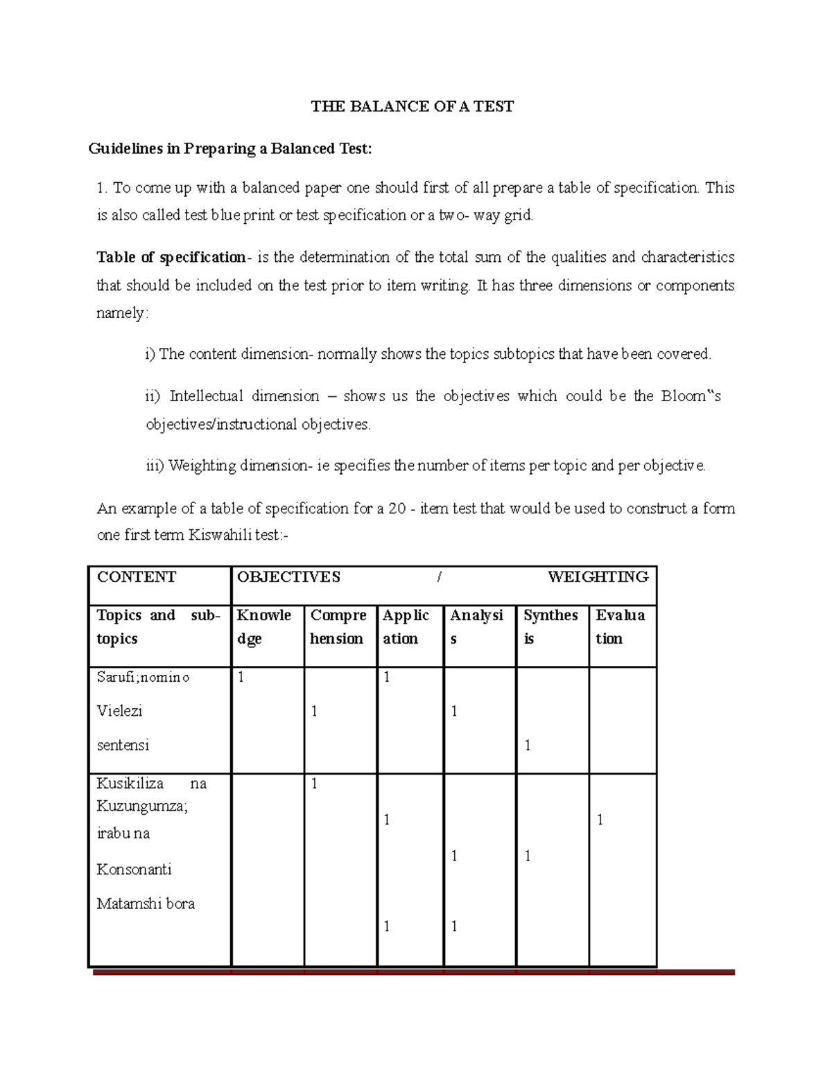 Topic 6 - Preparing a Balanced Test: Guidelines & Specifications - Studocu