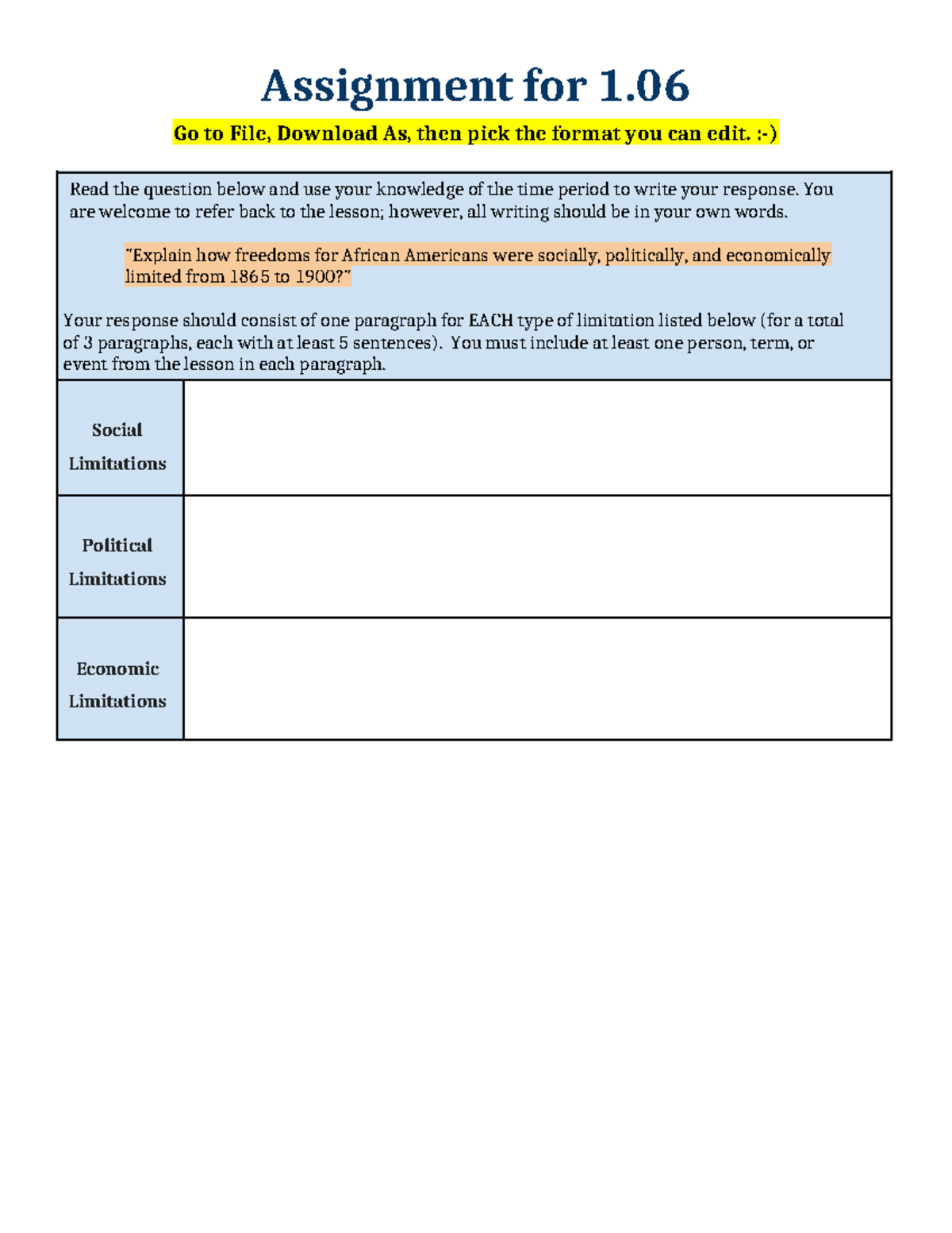 USH 1 - assignment for flvs - Assignment for 1. Go to File, Download As ...
