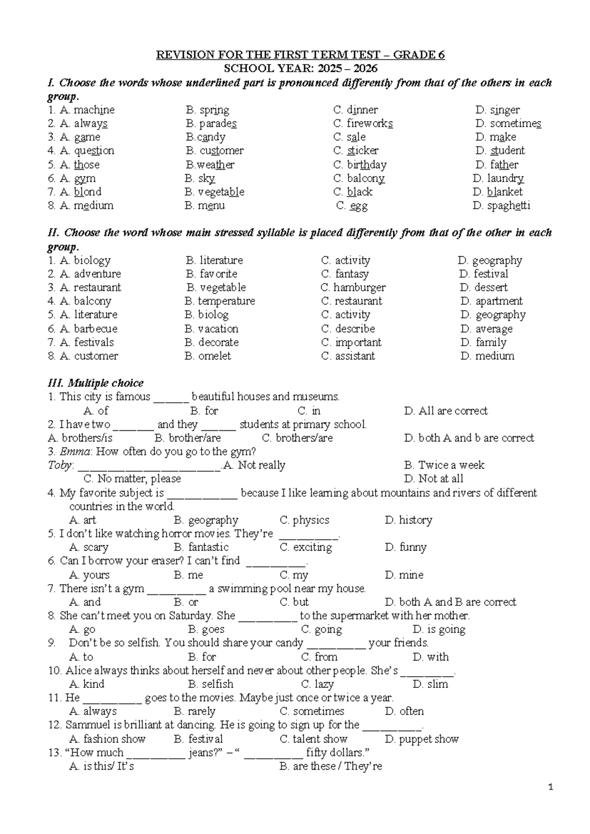 DONE - Revision for English 6 Term 1 - 2025-2026 - Studocu