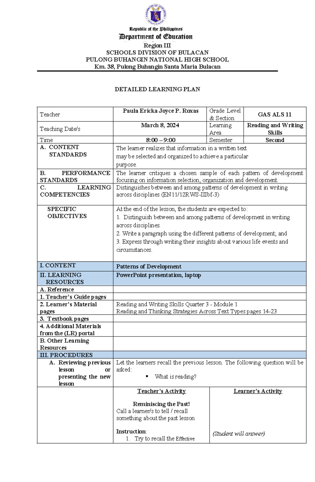 Patterns of Paragraph Development (EN11/12RWS-IIIbf-3) - Studocu