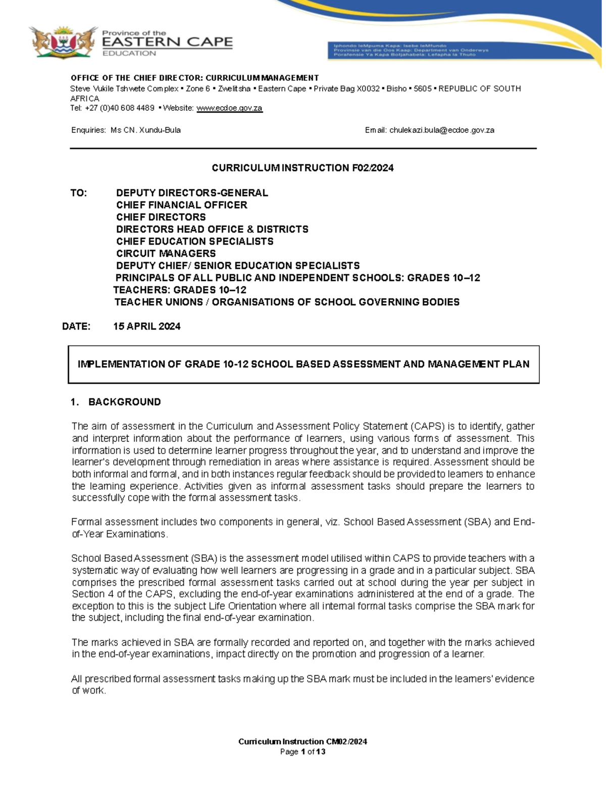 FET 14: 2024 SBA Management Plan for Grades 10-12 Curriculum ...