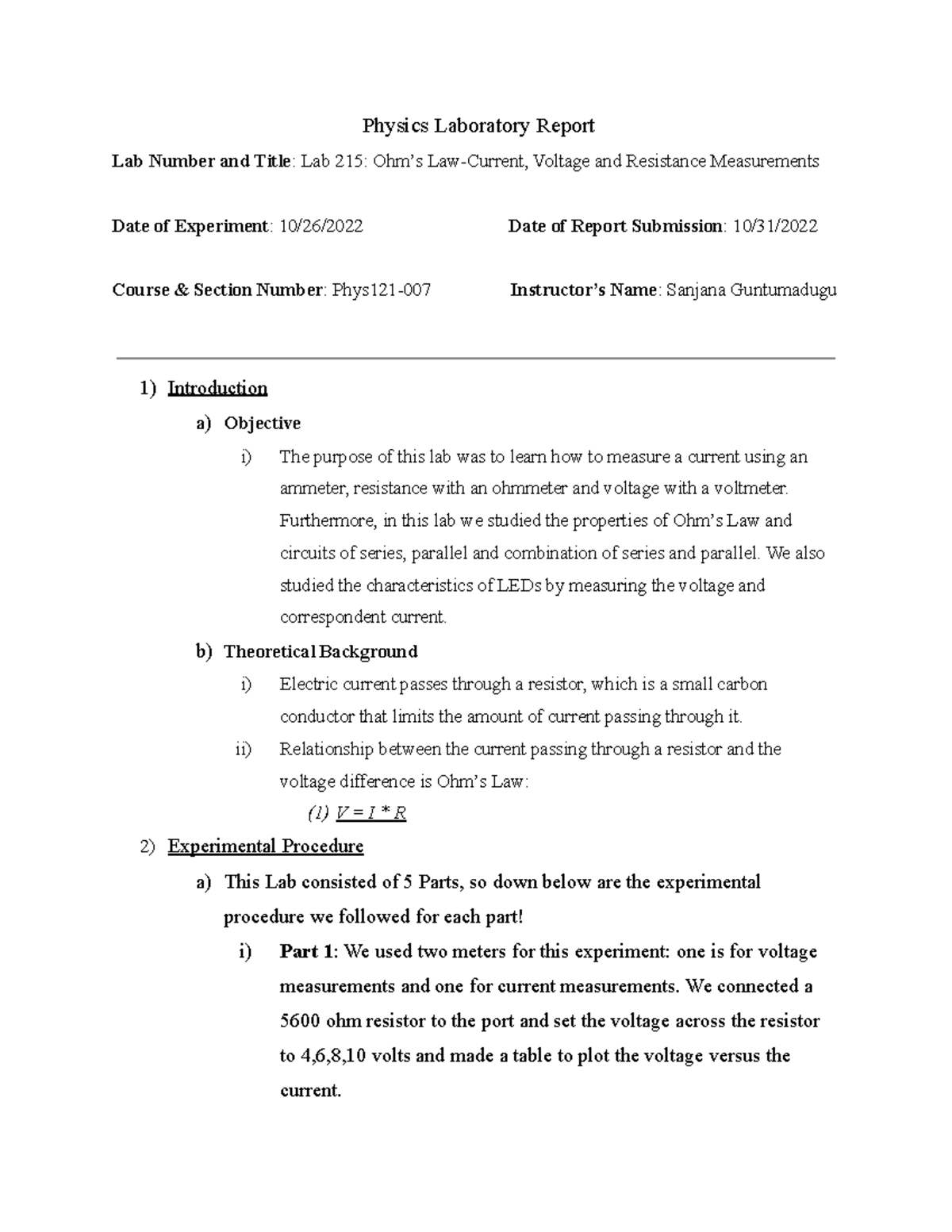 Lab 215-2: Ohm's Law & Measurements Report for Phys121-007 - Studocu