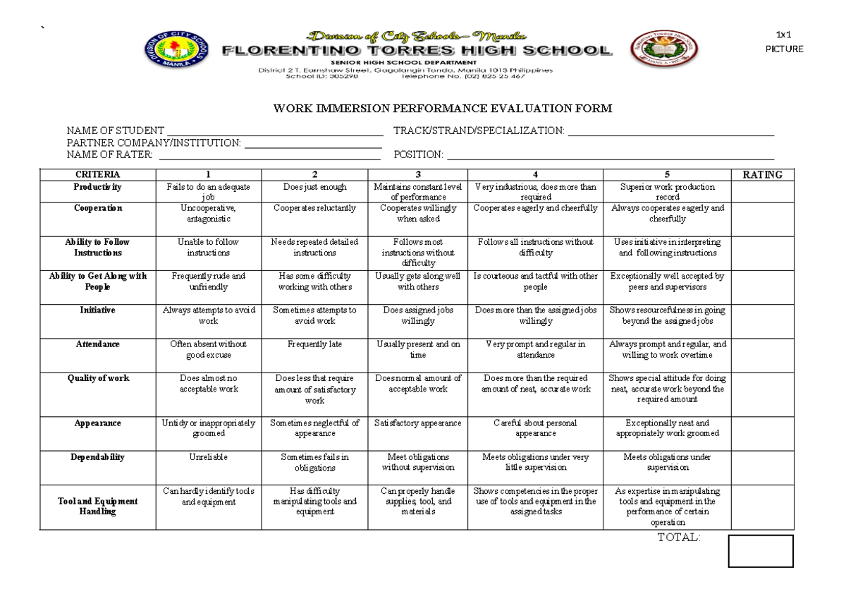WORK- Immersion Performance Evaluation Form - Studocu