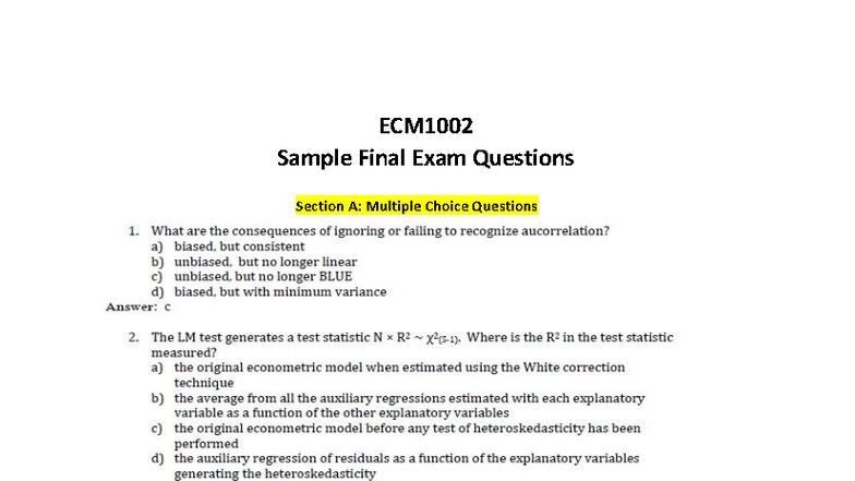 ECM1002 Final Exam Sample Questions and Answers - Studocu
