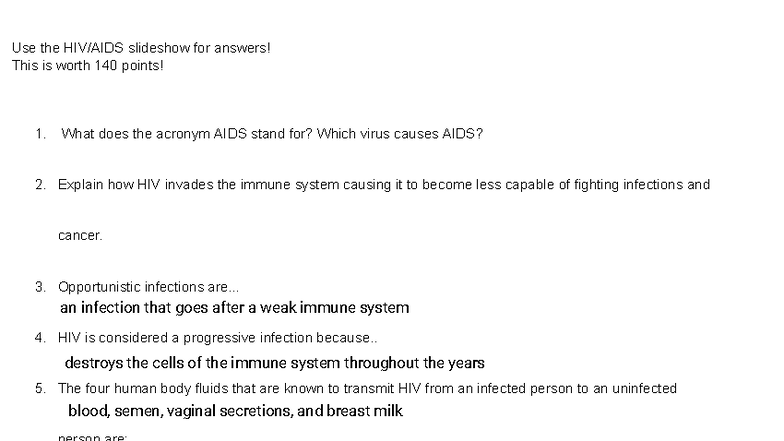 HIV-AIDS Overview & Key Questions - ZP-Hernandez - 140 Points - Studocu