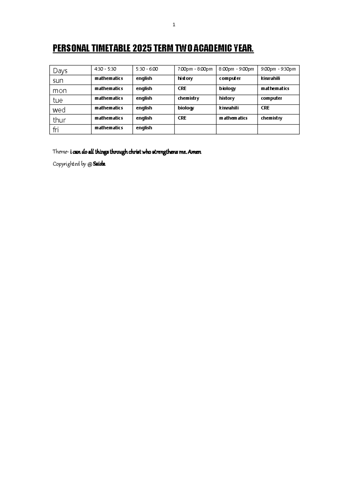 Timetable - i am glad very much - 1 PERSONAL TIMETABLE 2025 TERM TWO ...