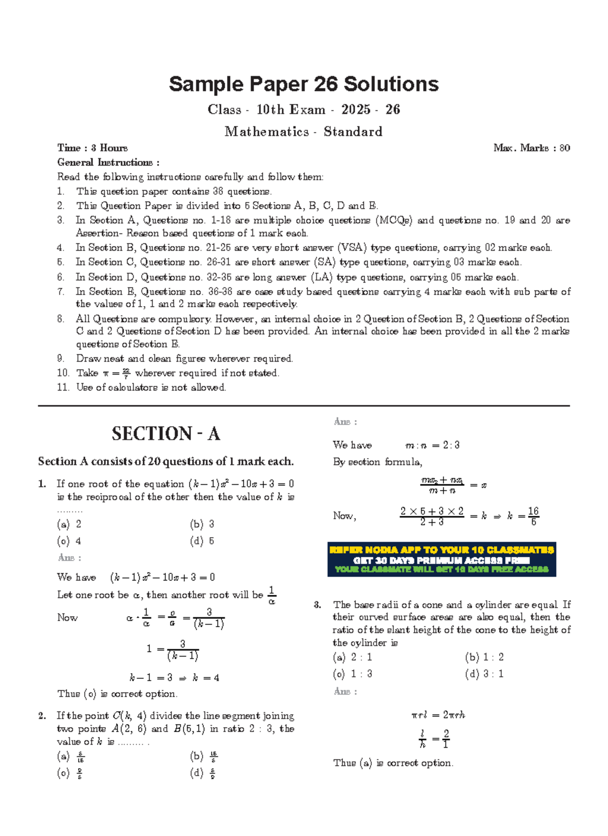 Nodia Class 10 Maths Sample Paper 26 Solutions 2025 - Studocu