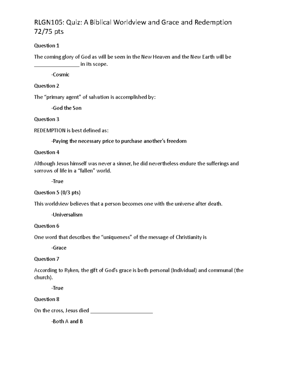 RLGN105-Quiz-A Biblical Worldview and Grace and Redemption - RLGN105 ...