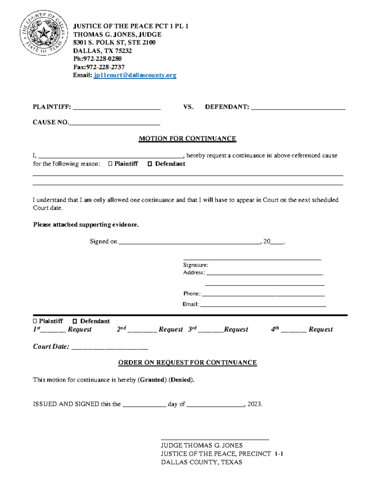 Continuance Request Form - Justice of the Peace PCT 1-1 (08/21/23 ...