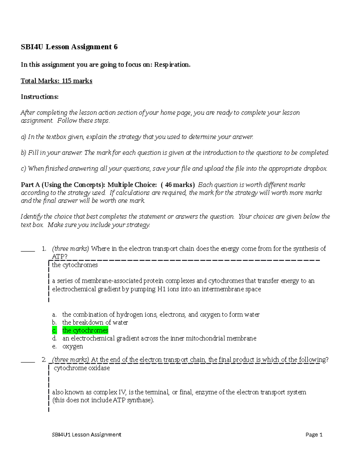 SBI4U Lesson Assignment 6: Understanding Cellular Respiration Concepts ...