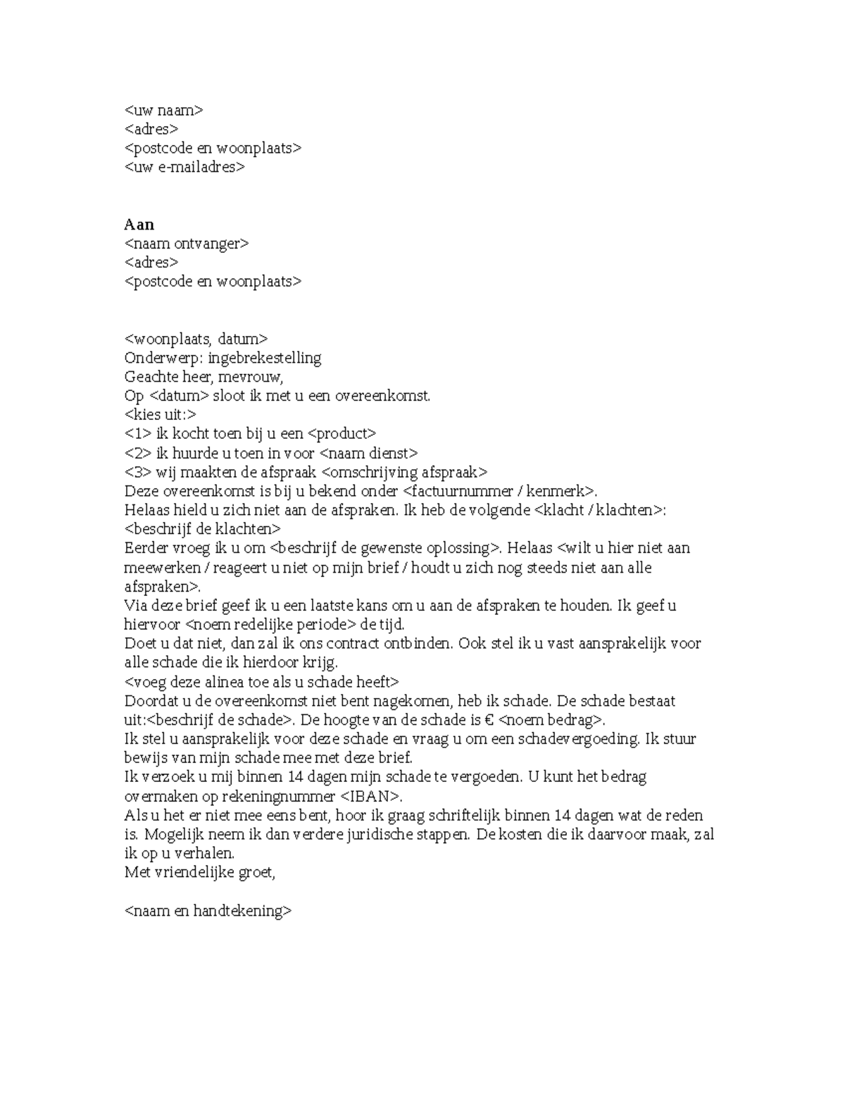 Voorbeeldbrief ingebrekestelling - - Studeersnel