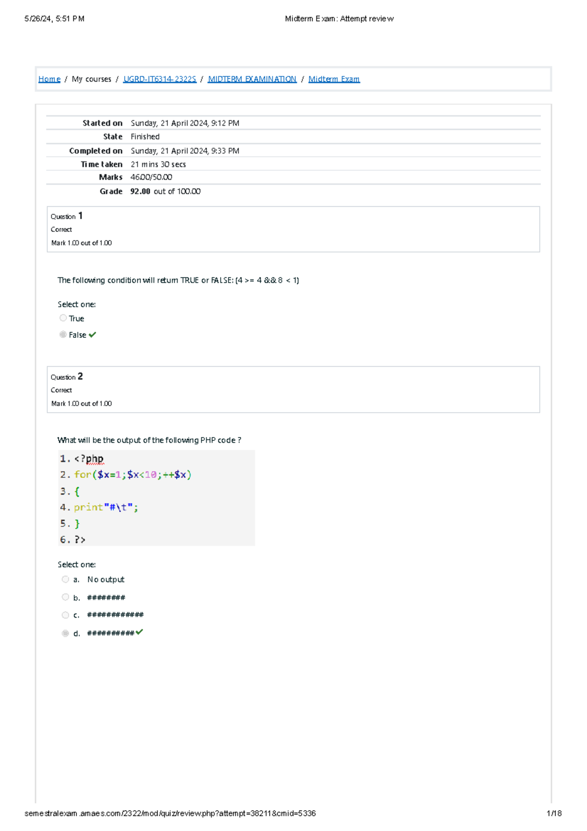 UGRD-IT6314 Web App Dev 1 Midterm Exam Attempt Review Summary - Studocu