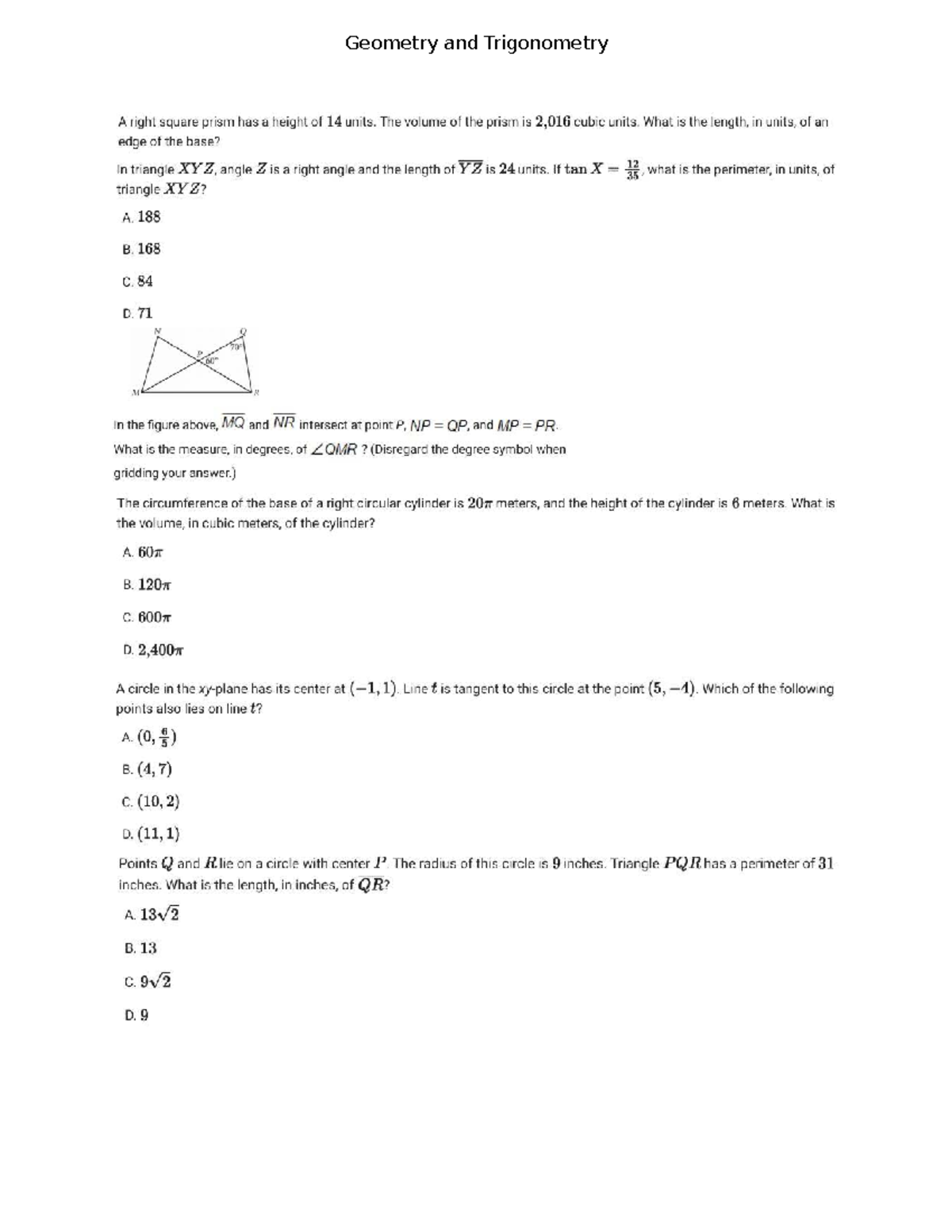 Geometry and Trigonometry: Problem Set and Solutions - Studocu