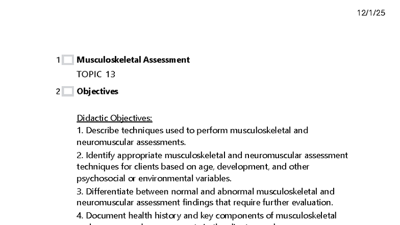 Topic 13: Musculoskeletal Assessment Overview and Techniques - Studocu