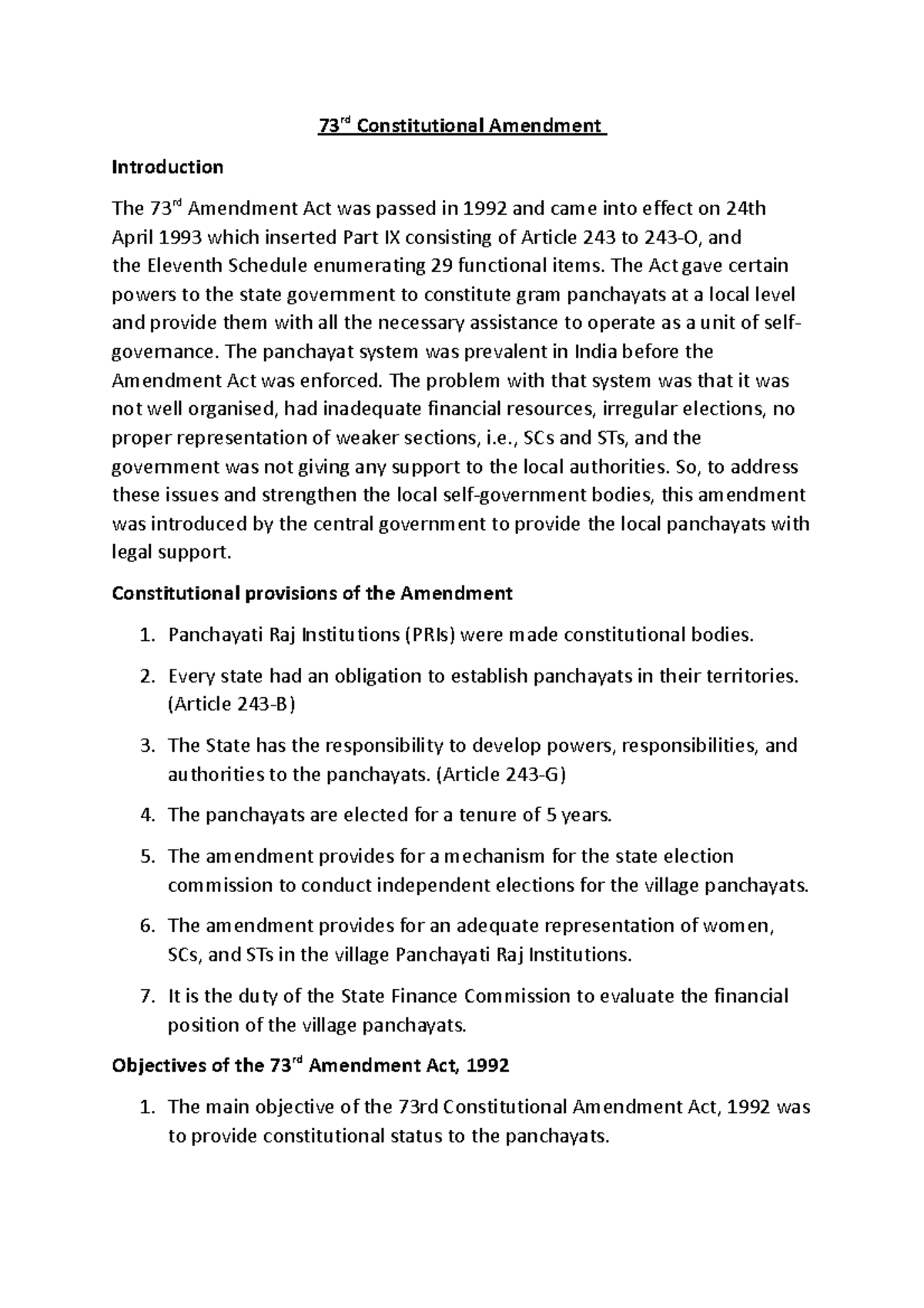 73rd Constitutional Amendment Act, 1992: A Study on Panchayati Raj ...