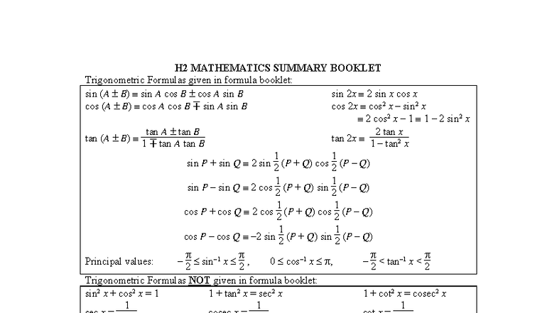 H2 Mathematics Summary Booklet: Trigonometric & Partial Fractions - Studocu