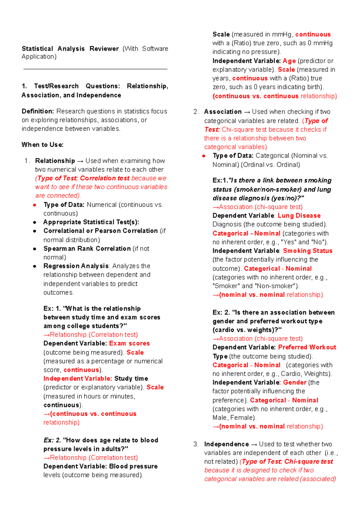 Statistical Analysis Reviewer (STAT 101) - Key Concepts and Tests - Studocu